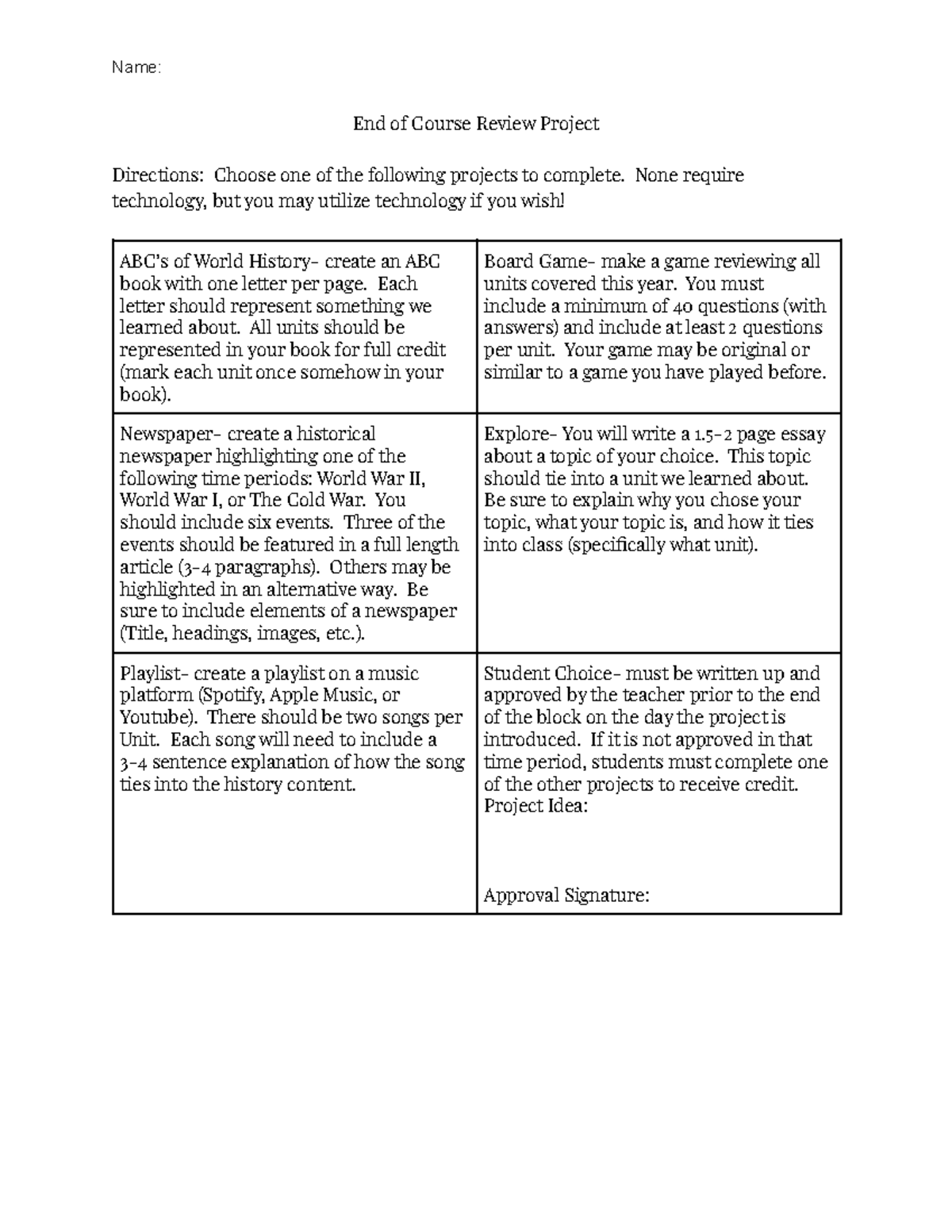 World History End of Course Review Project Options - Studocu
