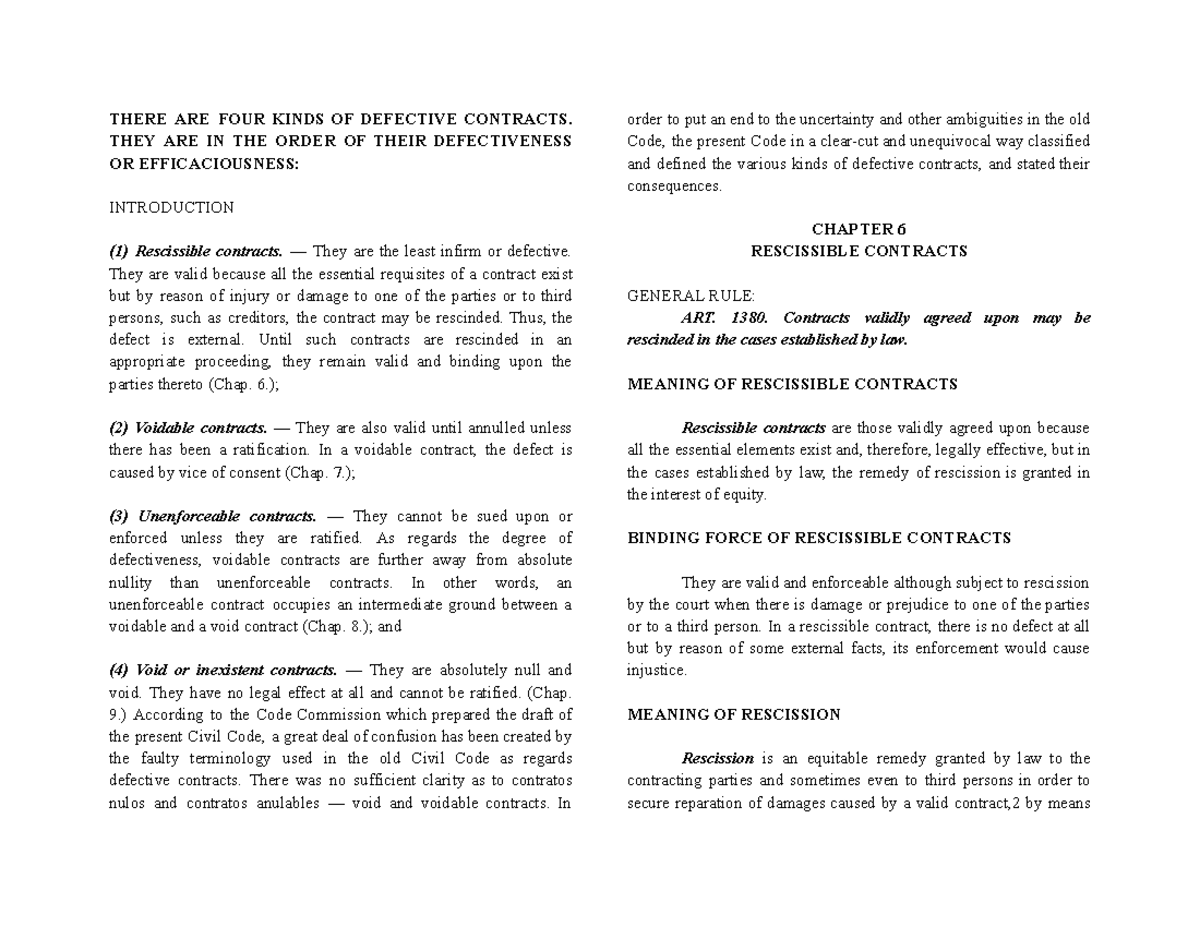 Types of Defective Contracts: Rescissible, Voidable, and More - Studocu