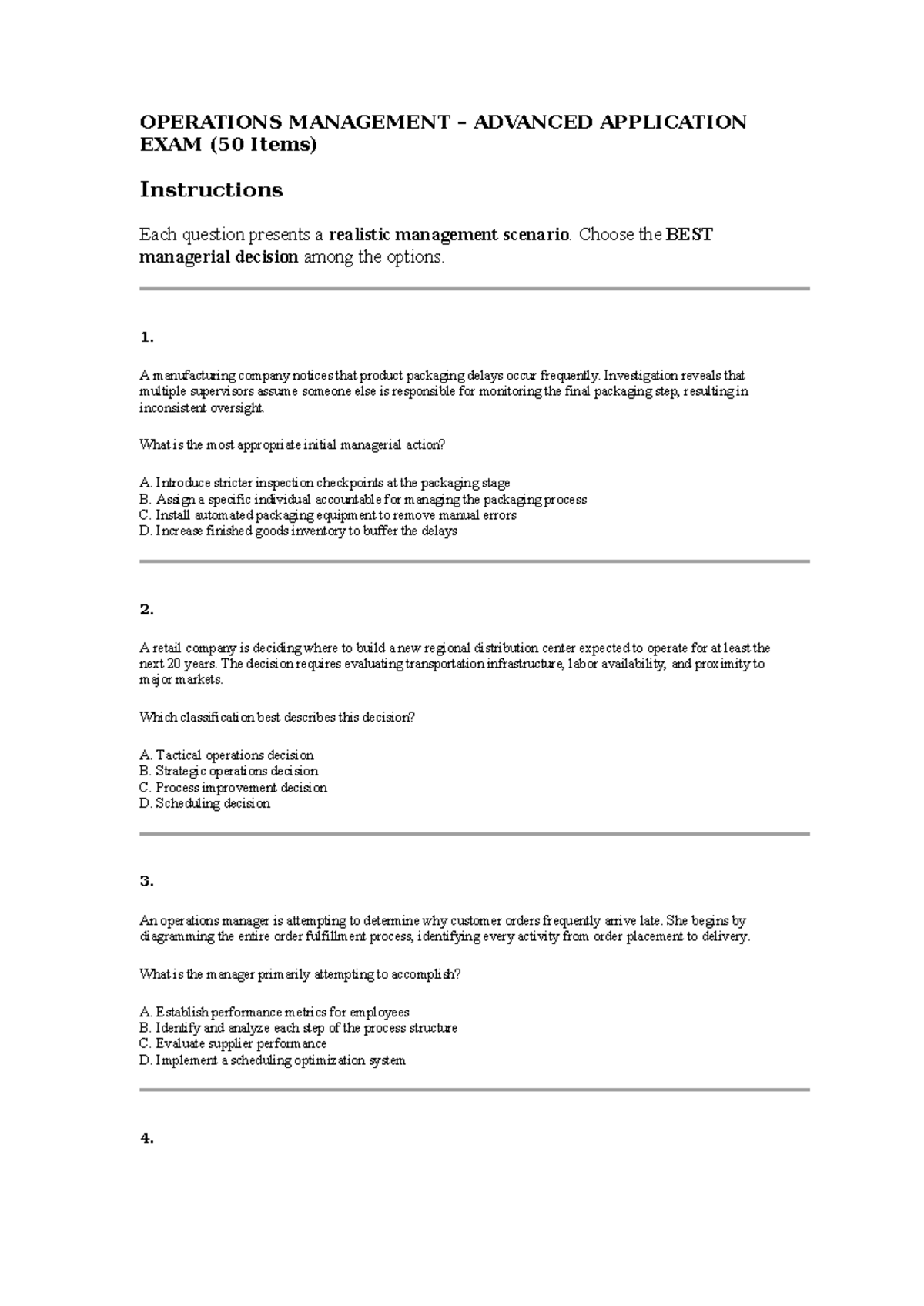 OPMAN 301: Advanced Operations Management Midterm Exam Sample (50 Items ...