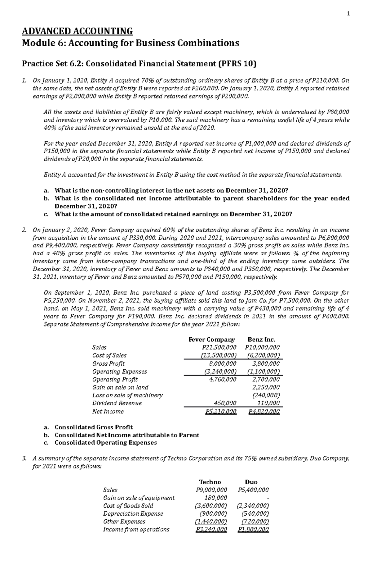 Conso FS Practice Set: Advanced Accounting for Business Combinations ...