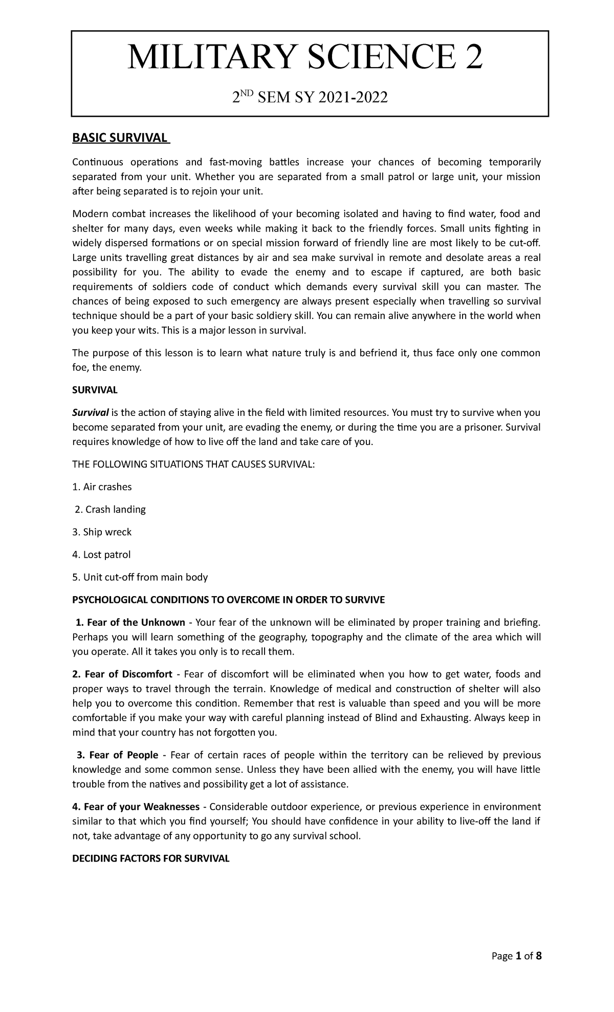 ROTC 3 - Basic Survival Techniques for Combat Situations - Studocu