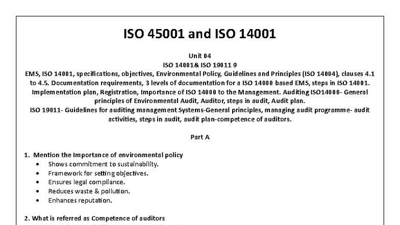 Unit 04 - ISO 45001 & ISO 14001: Environmental Management Systems ...