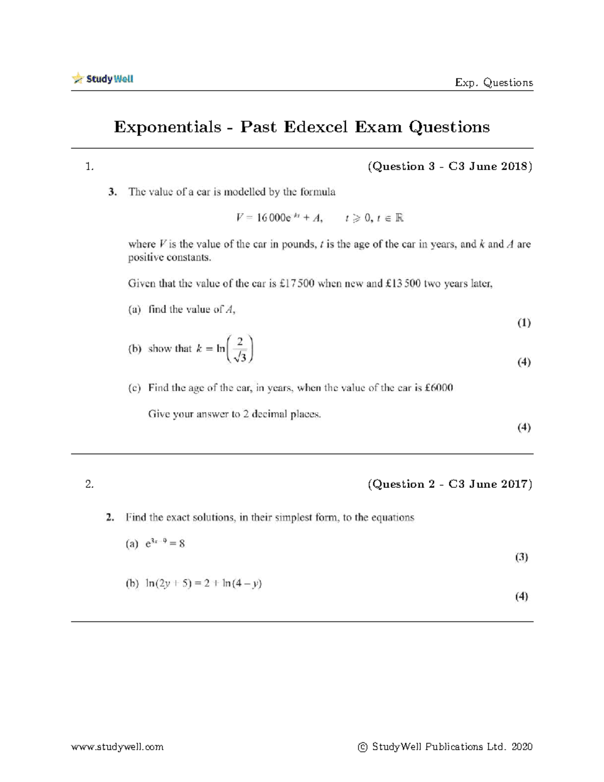 C3 Exponential Exam Questions - Past Edexcel Papers - Studocu