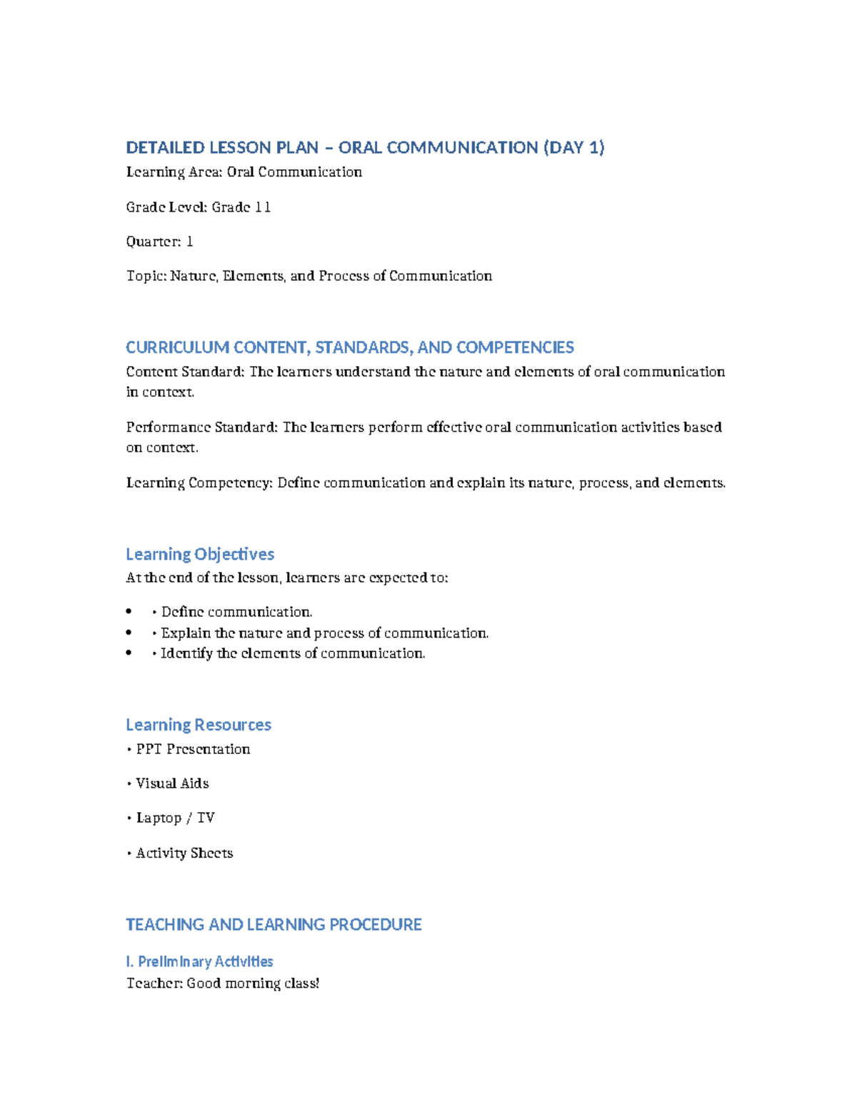 ORAL COM 11 WEEK 1 DETAILED LESSON PLAN: NATURE & ELEMENTS OF ...