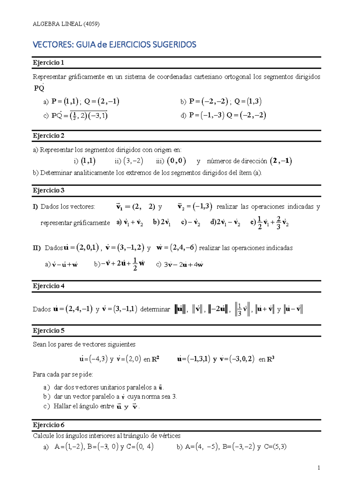 ALGEBRA LINEAL (4059) VECTORES: GUÍA DE EJERCICIOS SUGERIDOS - Studocu