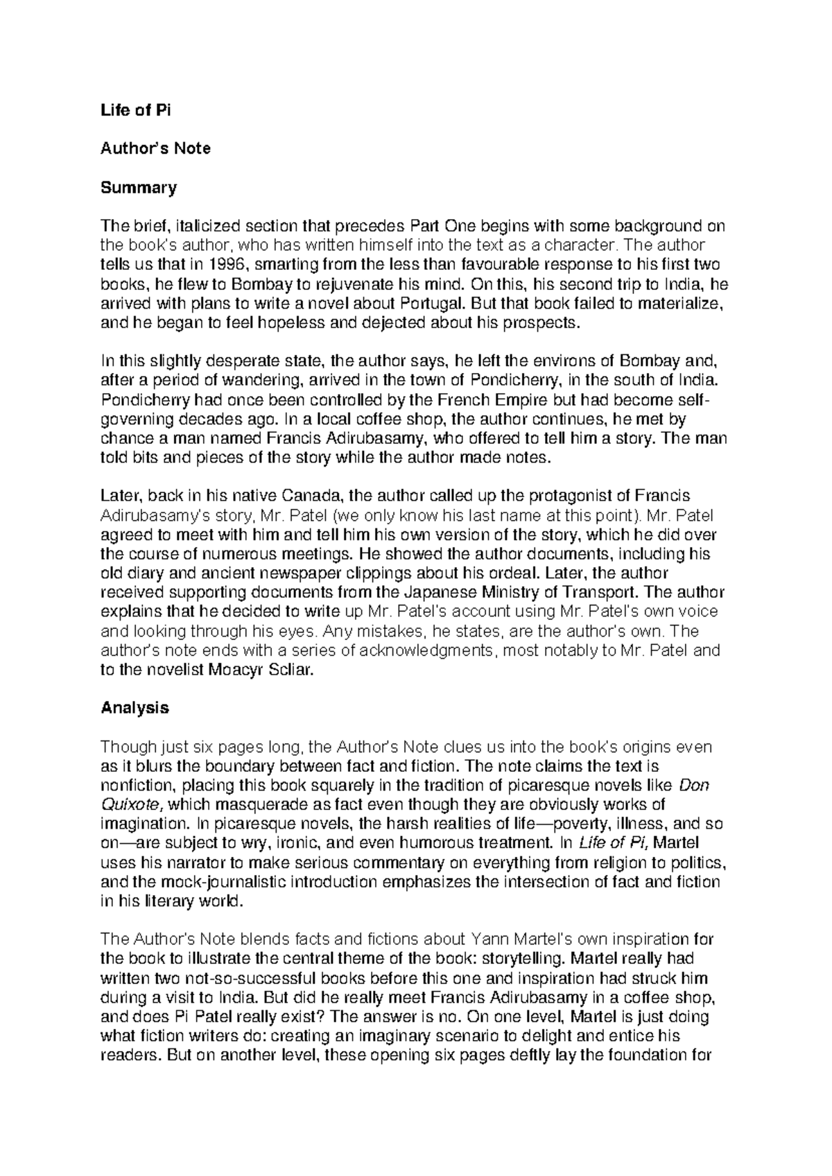 5. Life of Pi - Author's Note Summary Analysis - Studocu