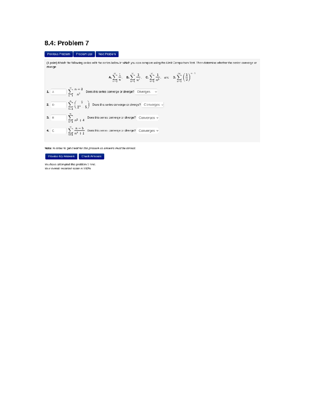 Webwork 8.4 q 7 - 8: Problem 7 Previous Problem Problem List Next Problem (1 point) Match the ...