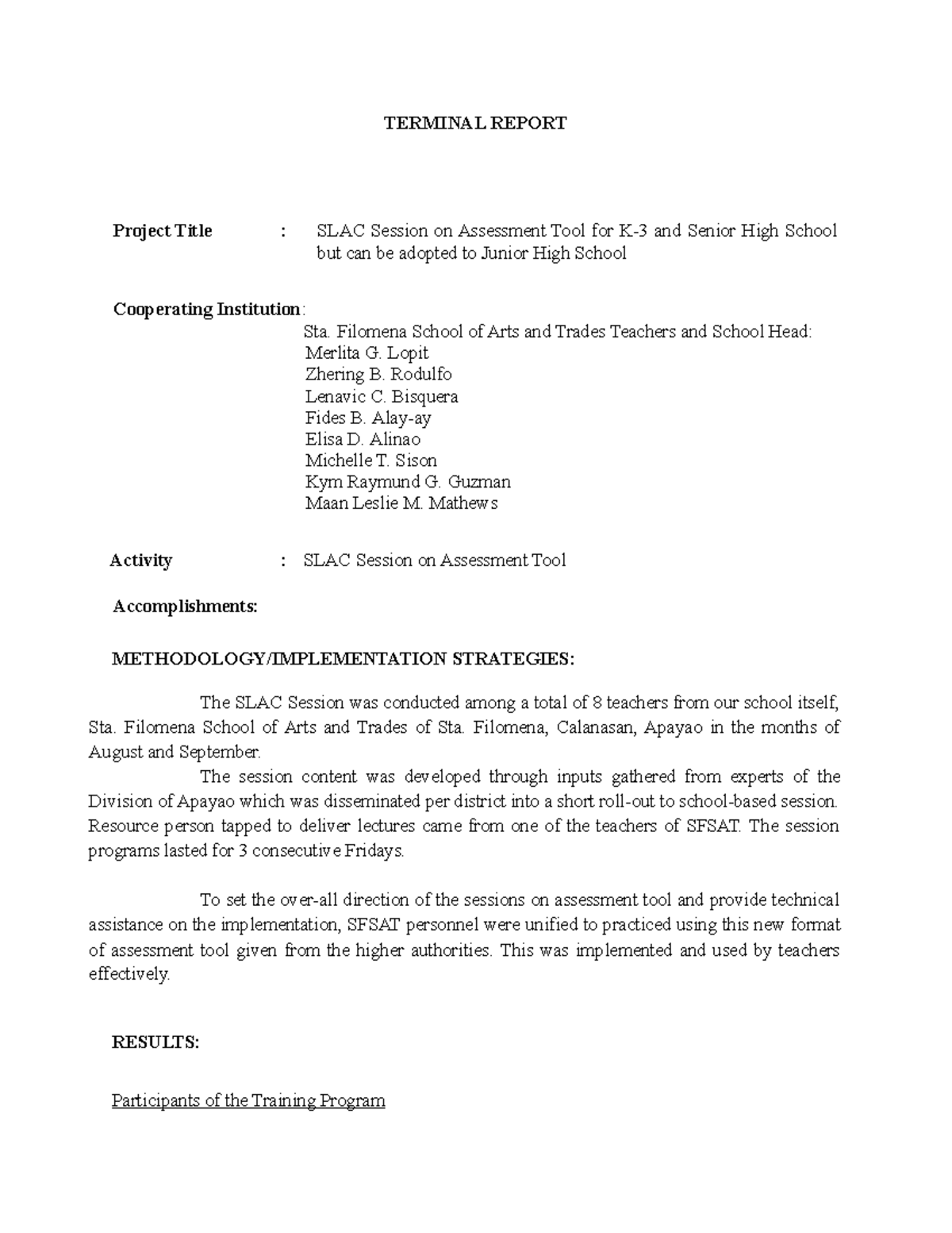 SLAC Session on Assessment Tool: Final Report - drmm2011 - Studocu