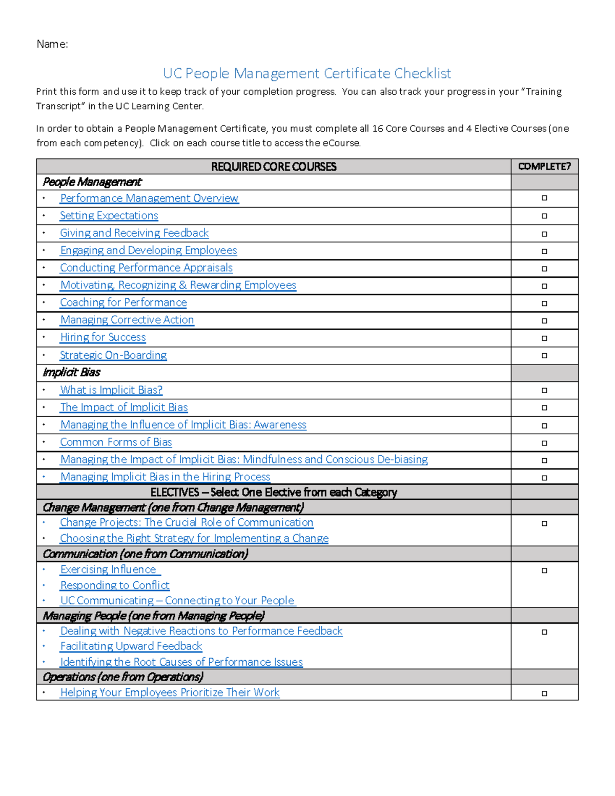 UC People Management Cert. Progress Checklist & Core Course Tracker ...