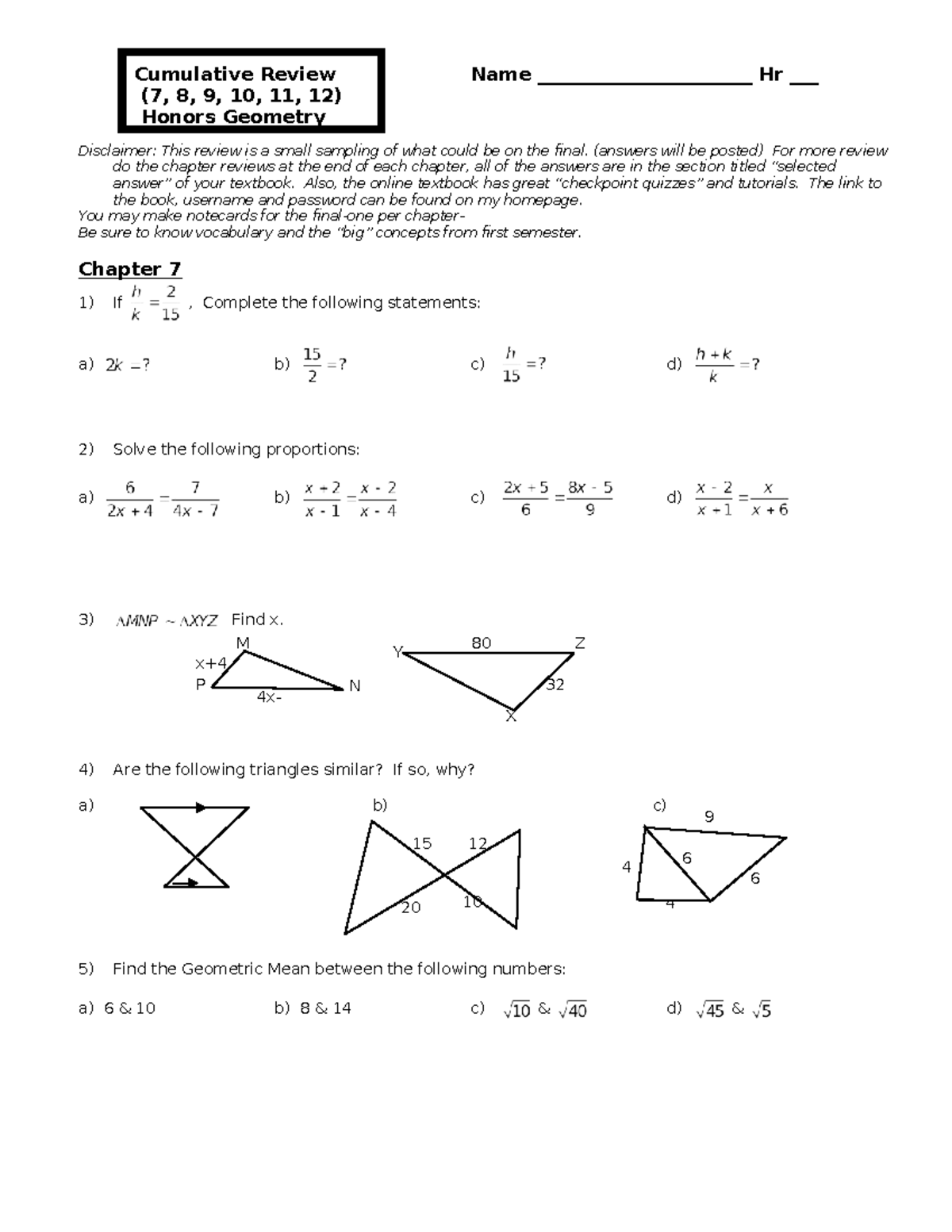 Cumulative Review (7-12) for Honors Geometry - Final Exam Prep - Studocu