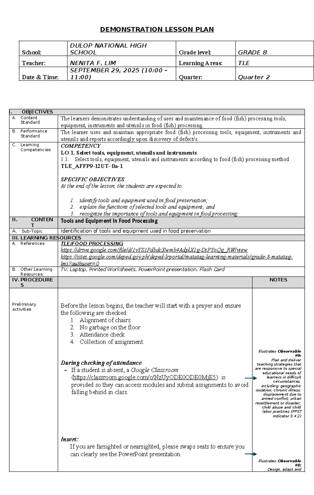 Demonstration Lesson Plan on Food Processing Tools (G8) - Studocu