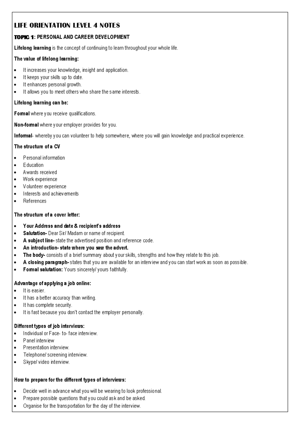 LIFE Orientation Level 4 Study Notes: Personal & Career Development ...