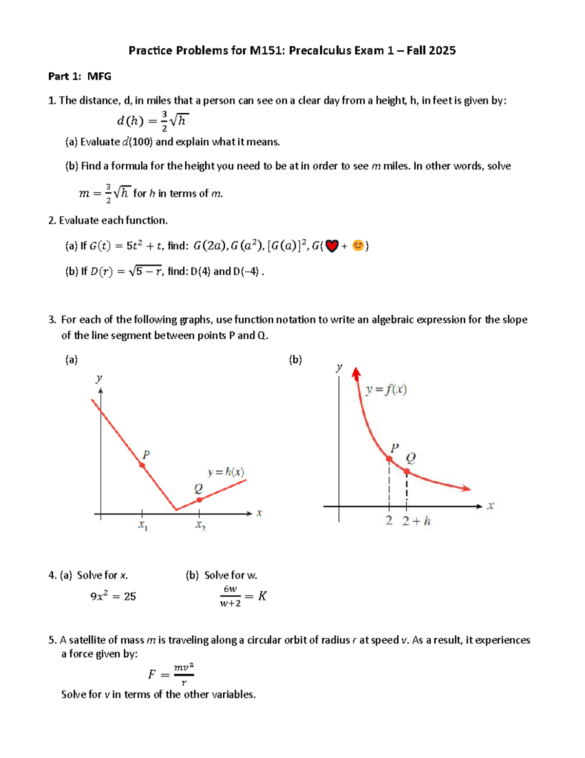 Practice Problems for M151: Precalculus Exam 1 - Fall 2025 - Studocu