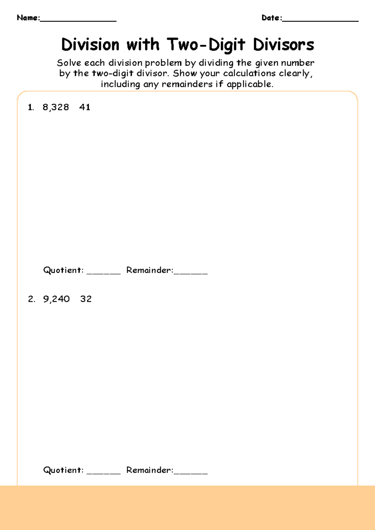 Division with Two-Digit Divisors - 5th Grade Worksheet - Name:1. 8,328 ...