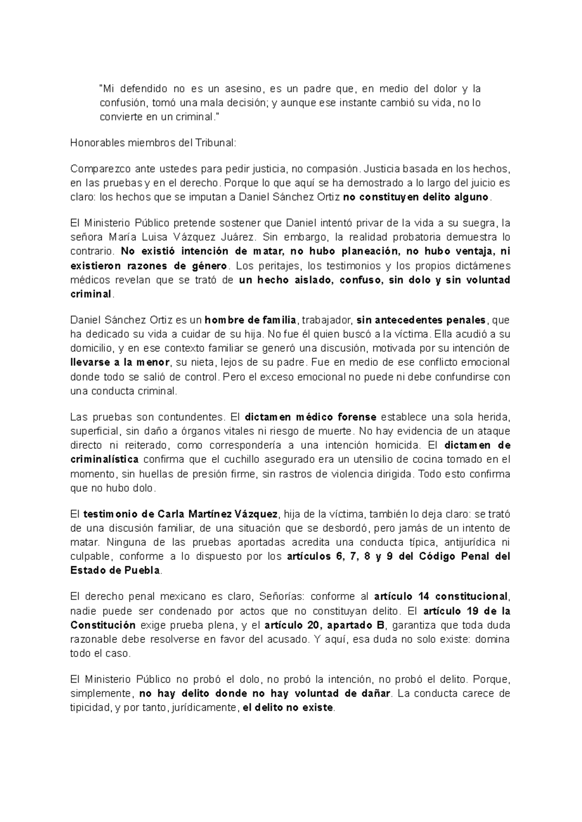 Alegato de Defensa: Caso Daniel Sánchez Ortiz - Apuntes - Studocu