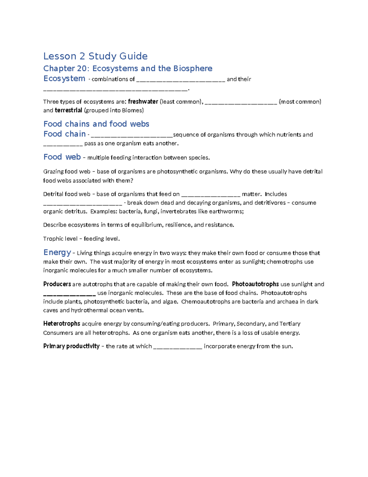 Lesson 2 Study Guide: Chapter 20 - Ecosystems & the Biosphere - Studocu