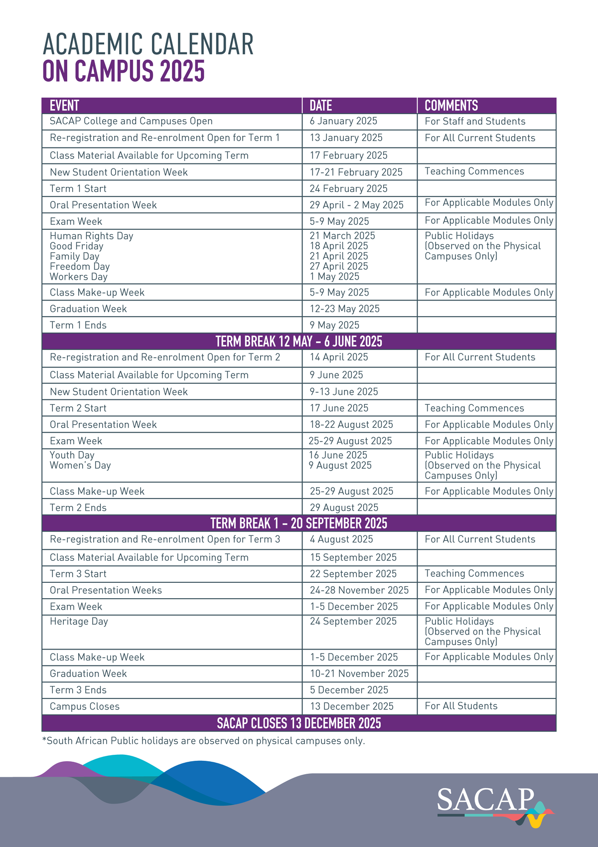 On-Campus Academic Calendar 2025 for SACAP Students - Studocu