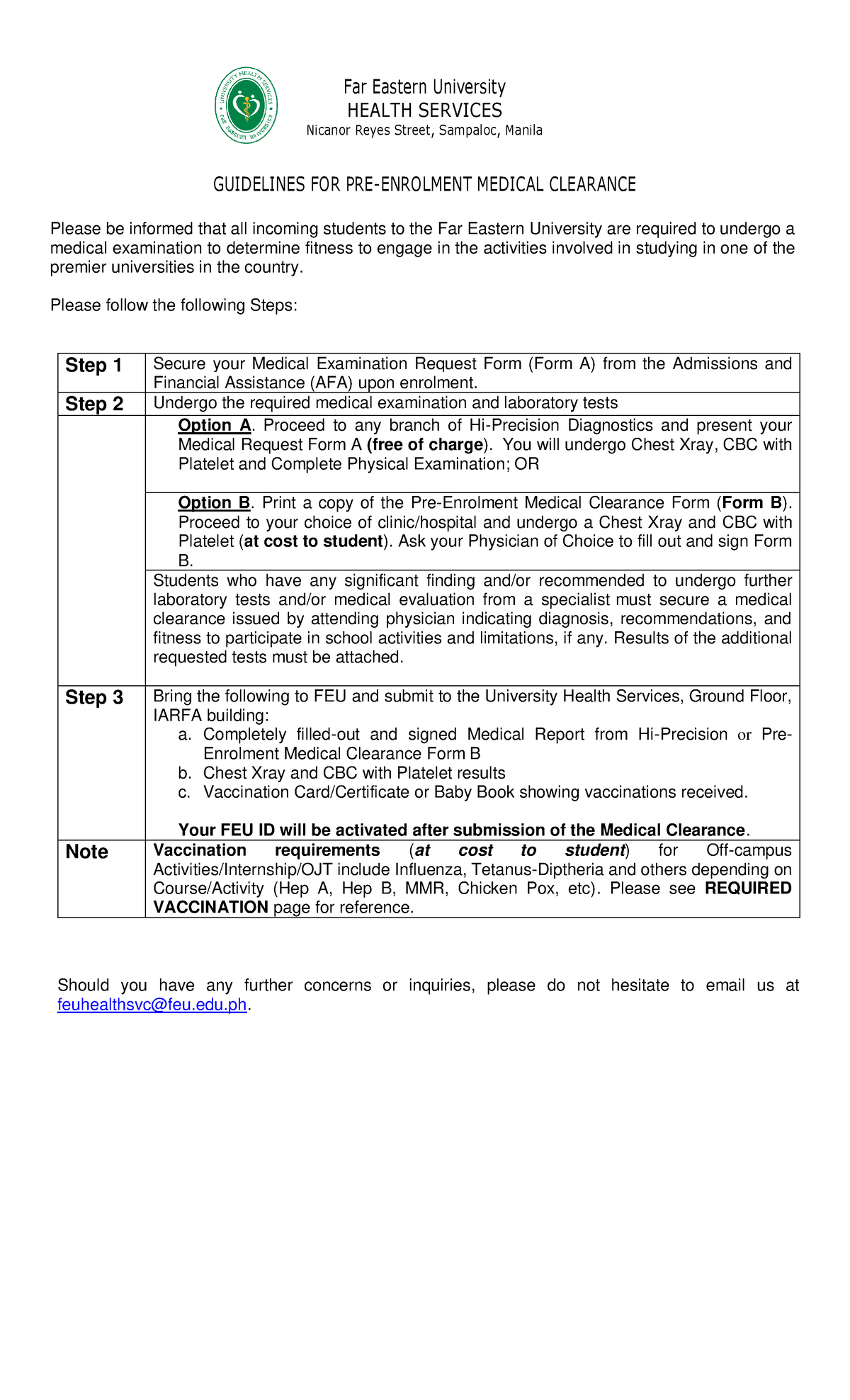 FEU UHS Pre-Enrolment Medical Clearance Guidelines 2025 - Studocu