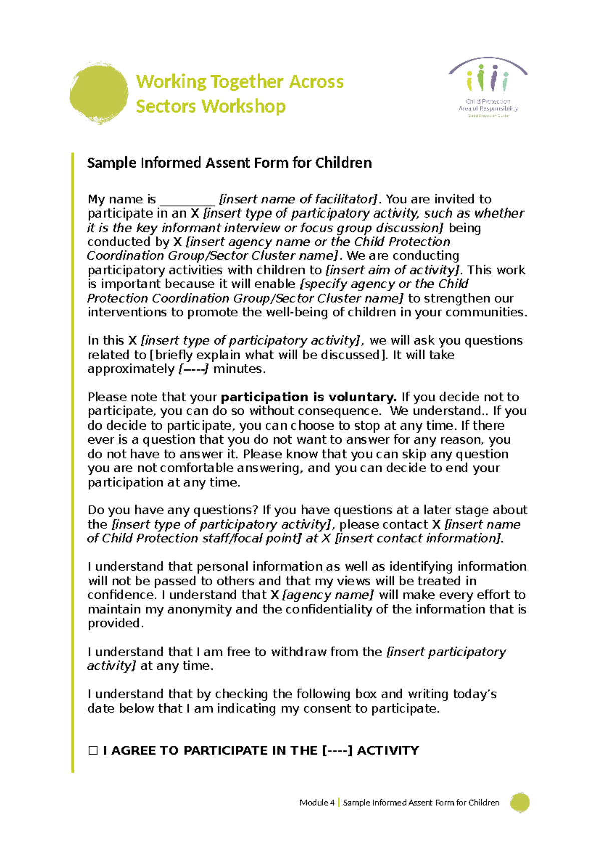 Sample Informed Assent Form for Children Child Participation - 4 module ...