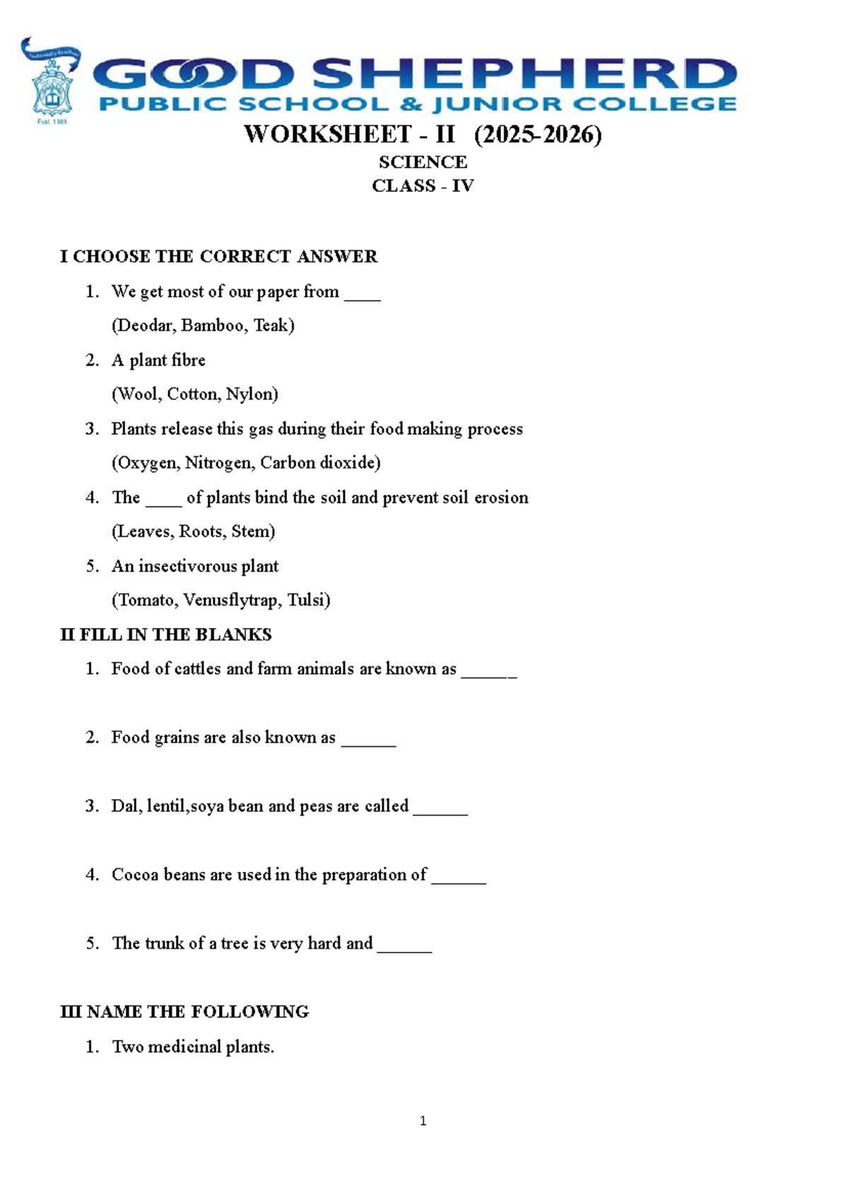 Worksheet II Science Class IV: Correct Answers & Fill in the Blanks ...