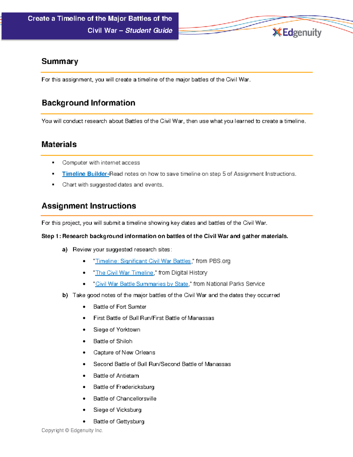 Create a Timeline- Civilwar Student Guide - Copyright © Edgenuity Inc ...