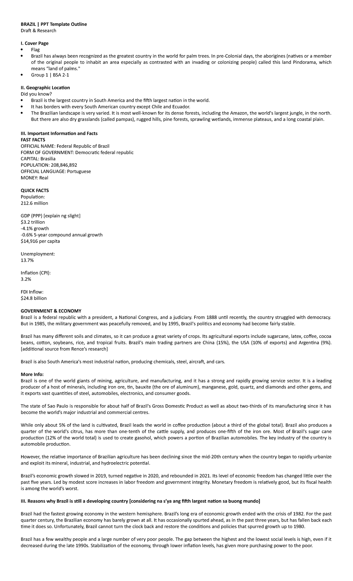 All about the country brazil - BRAZIL | PPT Template Outline Draft ...