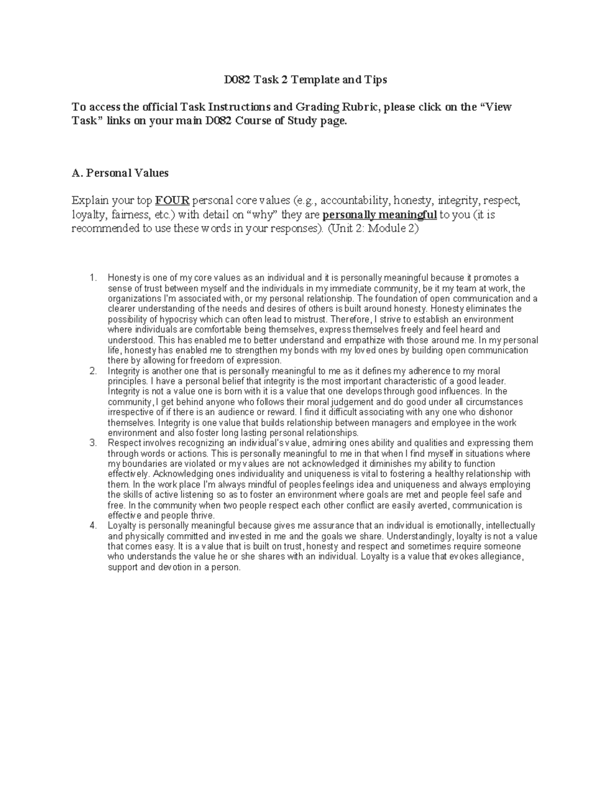 D082 Task 2: Core Personal Values and Company Alignment Analysis - Studocu