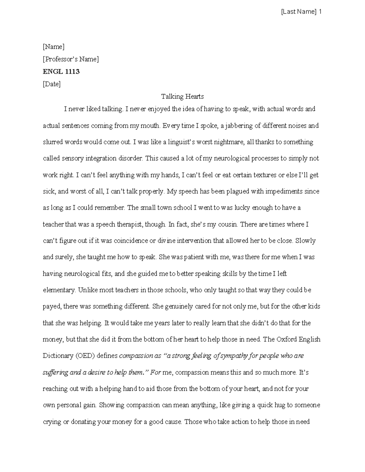 1 ENGL Essay on Compassion: Personal Insights and Reflections - Studocu