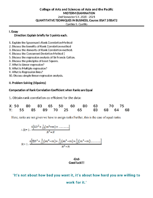 Quantitative Techniques - Final - College of Arts and Sciences of Asia ...