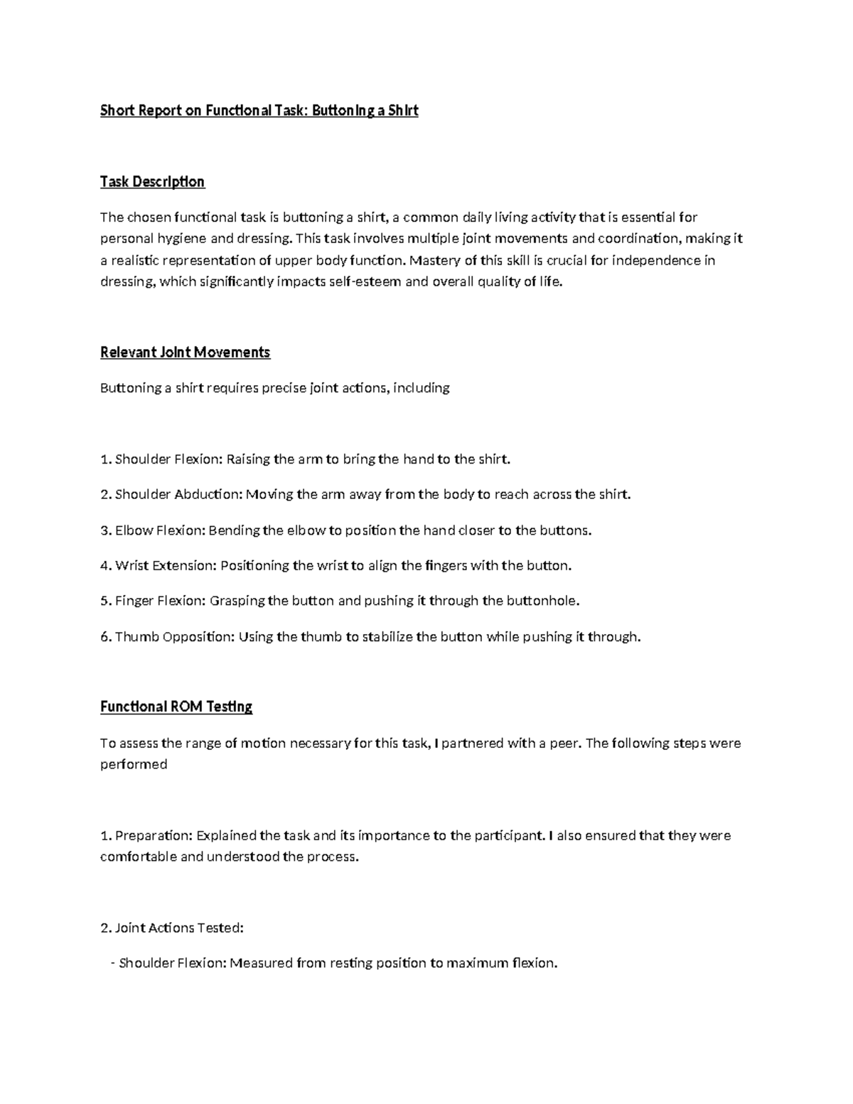 Functional Task Report: Buttoning a Shirt (Assignment for FRT) - Studocu
