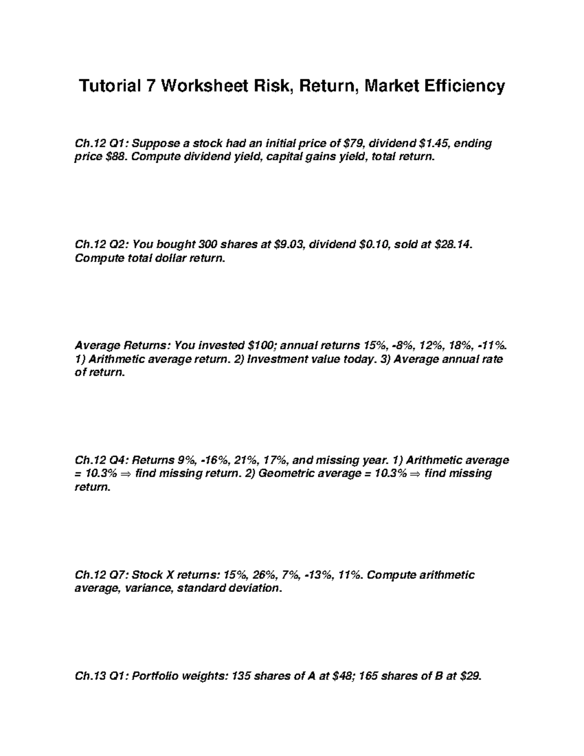 Tutorial 7 Worksheet: Risk, Return & Market Efficiency (Ch. 12-13 ...
