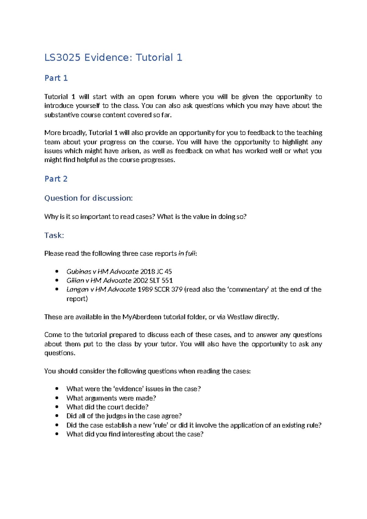 LS3025 Evidence: Tutorial 1 Discussion and Case Reading Guide - Studocu