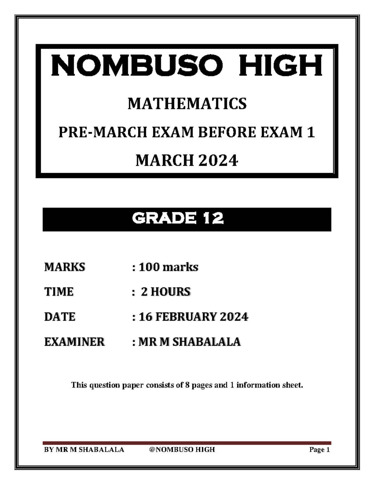 **Mathematics Midterm Exam T1 1 2024 - Nombuso High Grade 12** - Studocu