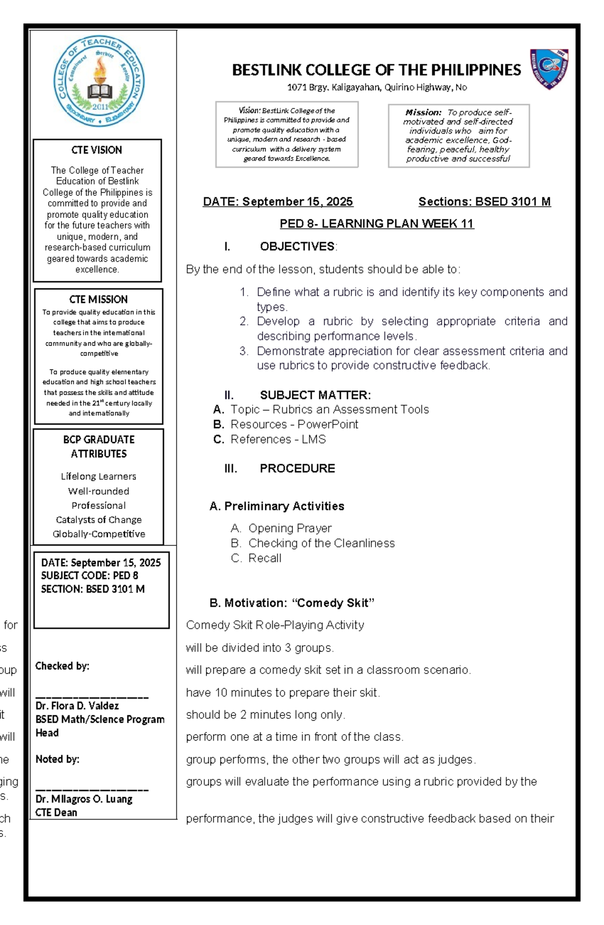 LP for PED 8: Week 11 - Understanding Rubrics as Assessment Tools - Studocu