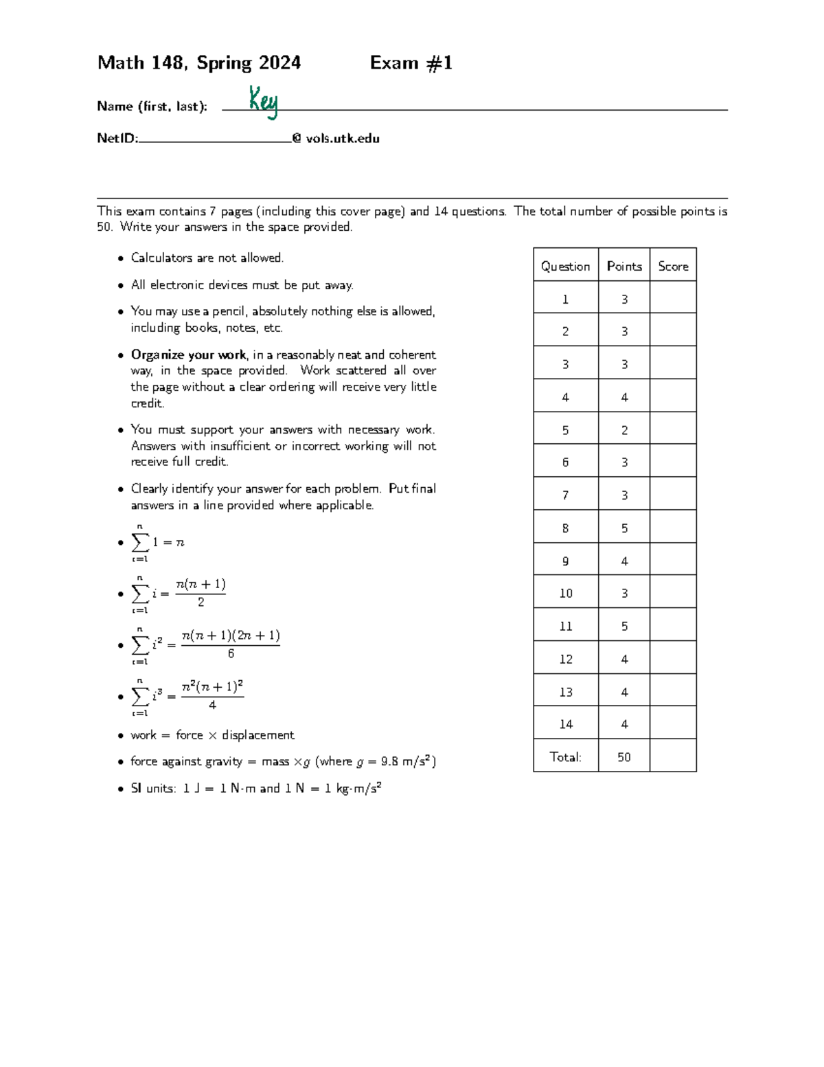 Math 148, Spring 2024 Final Exam Key and Solutions - Studocu