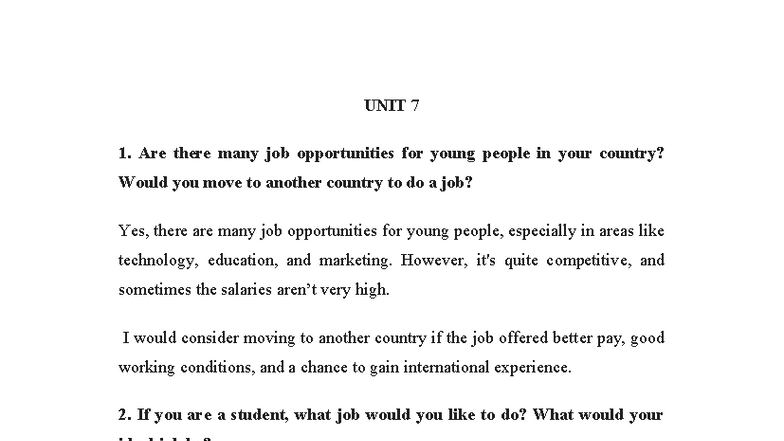 UNIT 7 - Job Opportunities and Cultural Insights - Studocu
