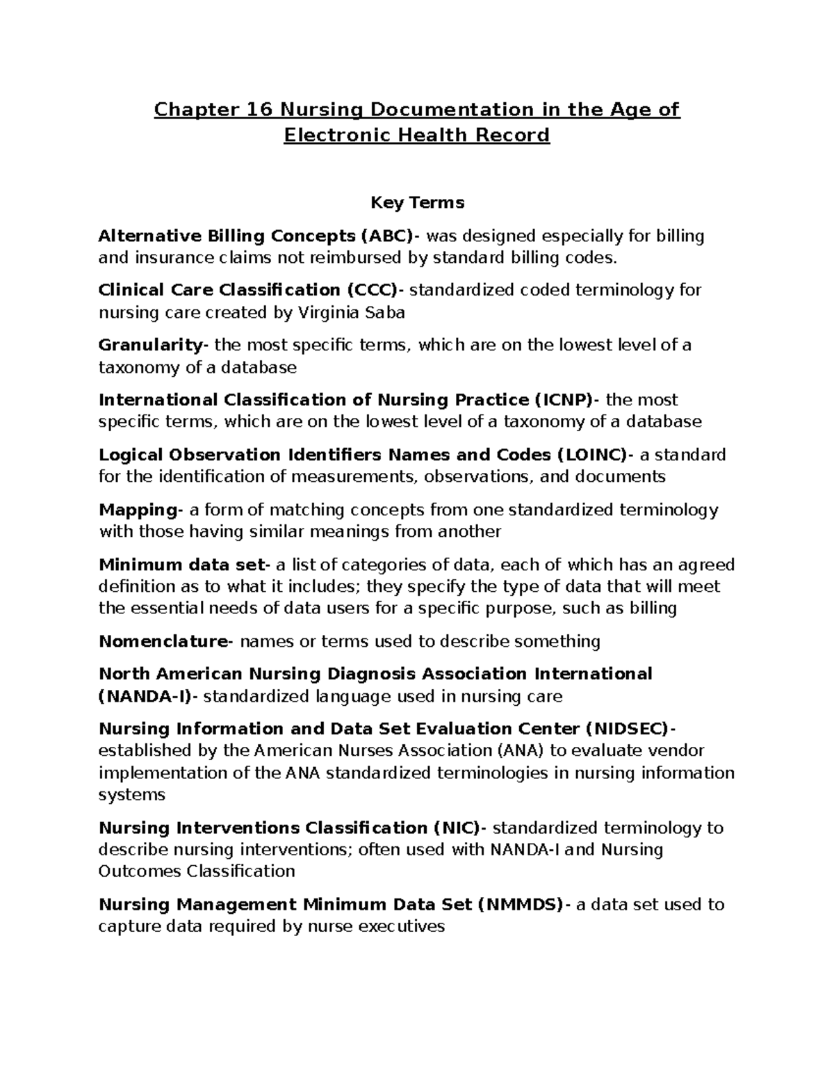 Chapter 16 & 17 Key Terms - Chapter 16 Nursing Documentation in the Age ...