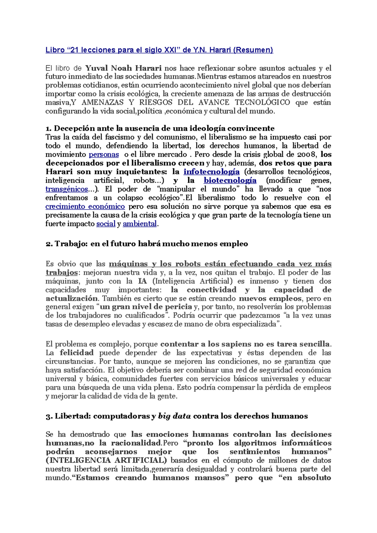 21 lecciones para el siglo XXI- Resumen - Libro “21 lecciones para el ...