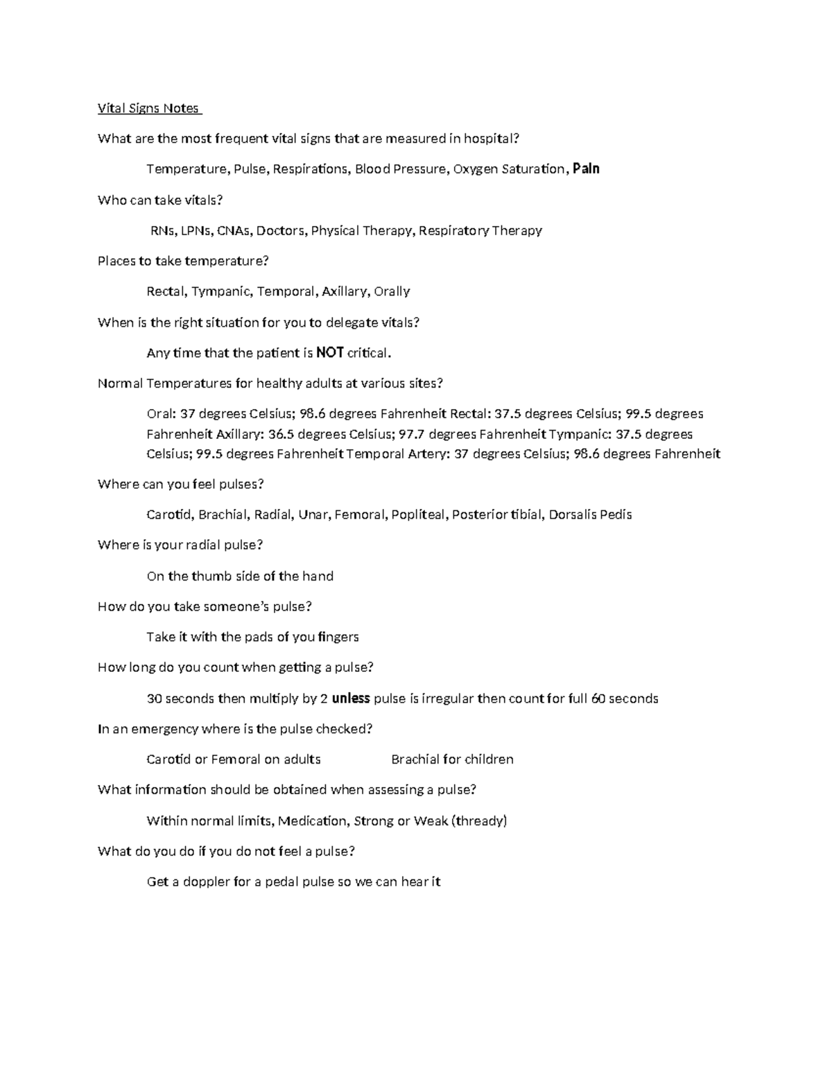 Vital Signs Notes: Key Measurements and Techniques for RNs - Studocu