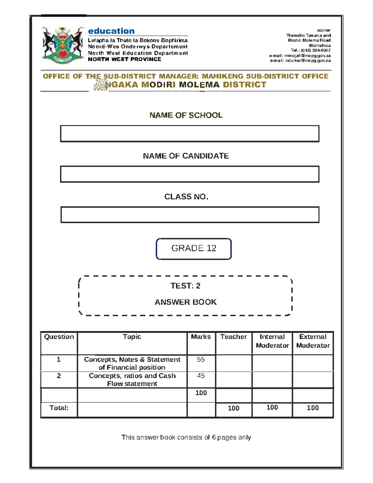 2023 North West Accounting NSC P2 Test Answer Book - Studocu