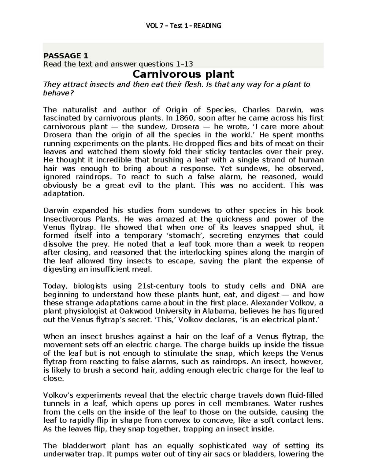 VOL 7 Test 1 - Reading Passage Insights on Carnivorous Plants and ...
