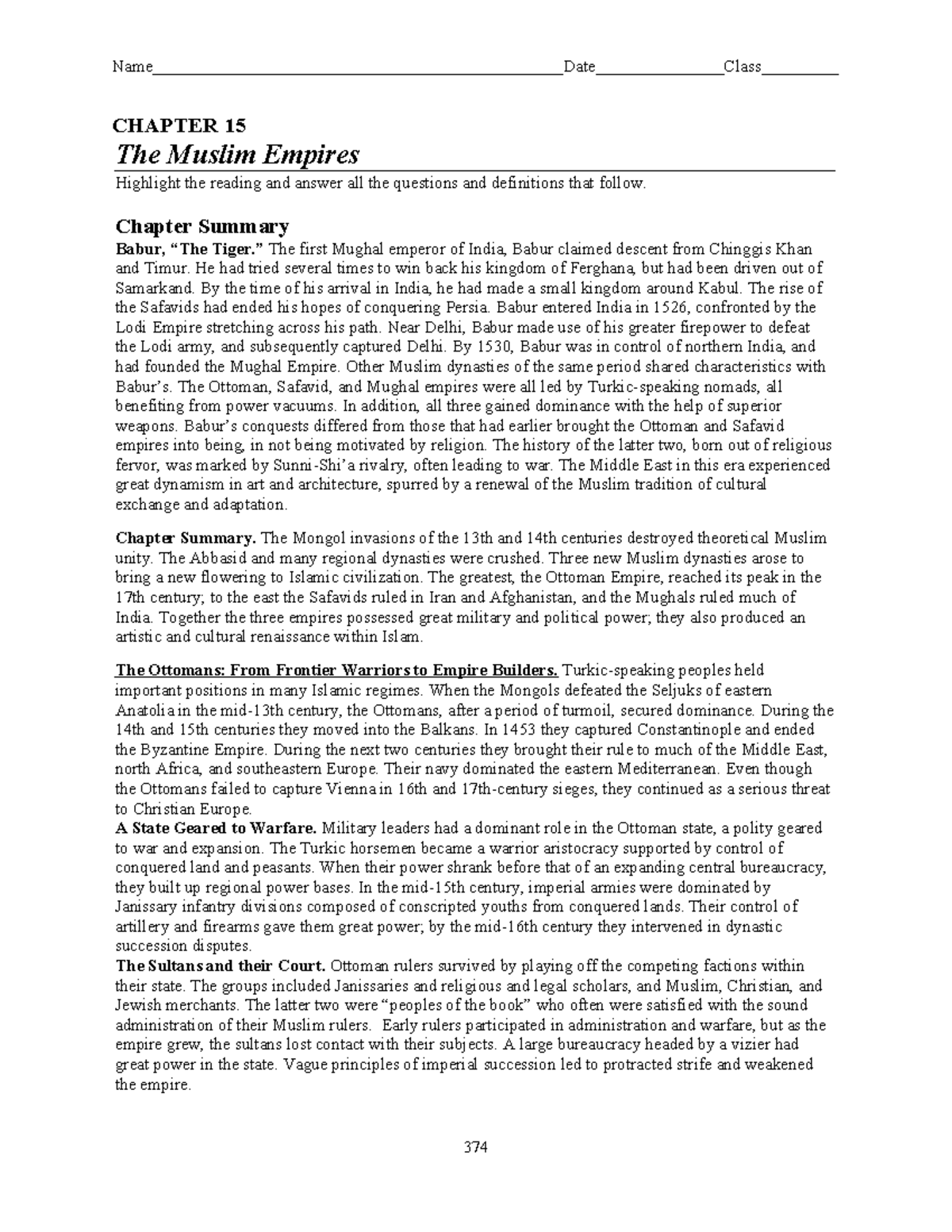 AP World History Chapter 15 Packet Answers on Muslim Empires - Studocu