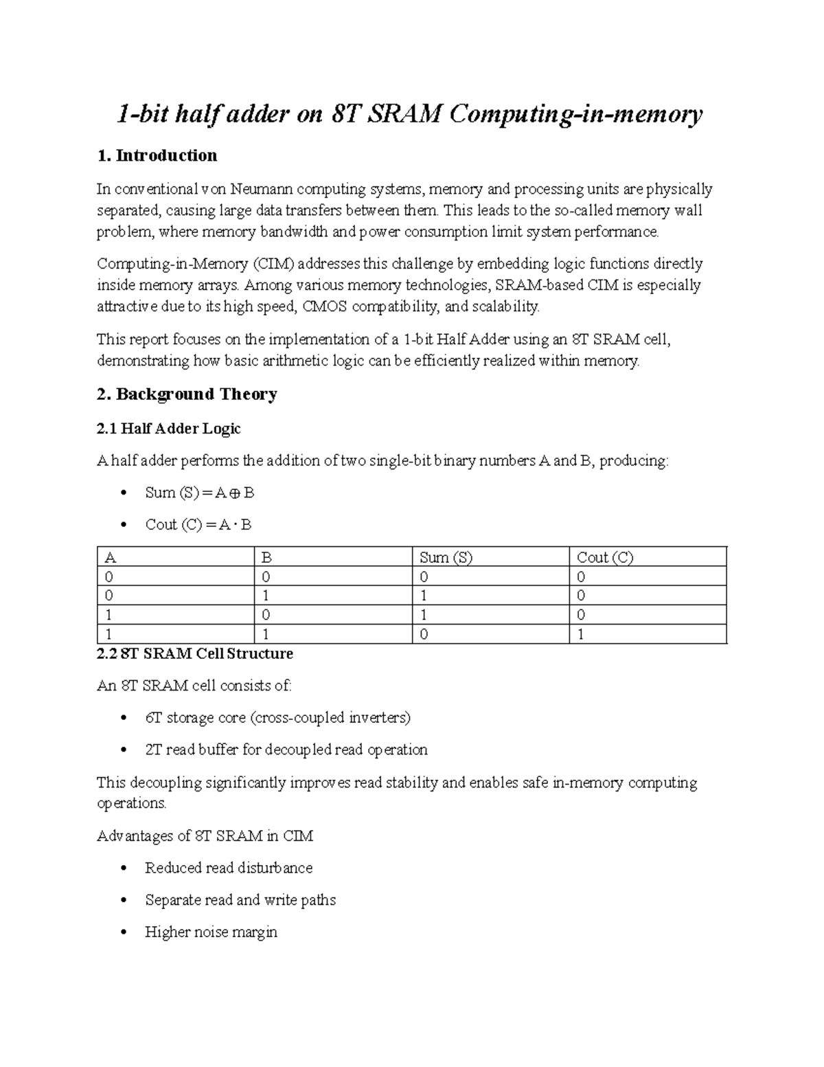 1-Bit Half Adder Implementation in 8T SRAM (CIM) - Studocu