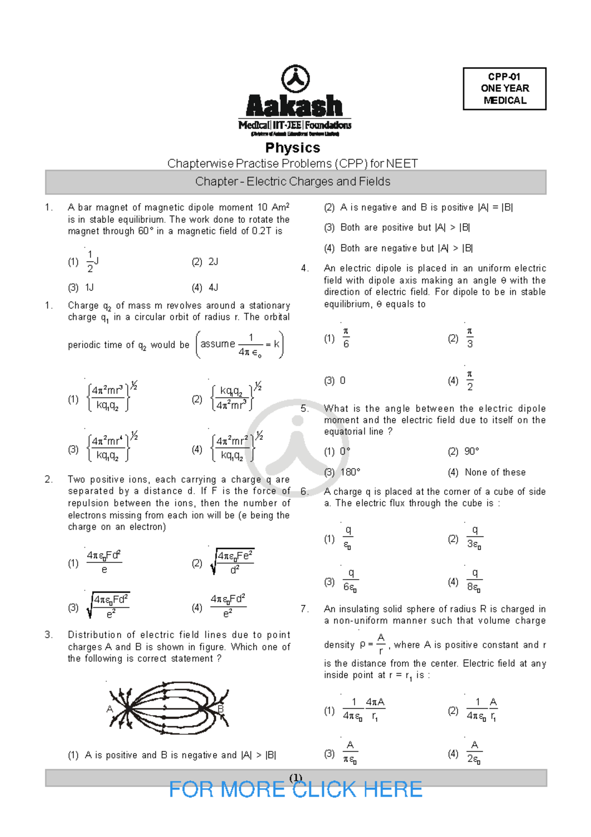 Chapterwise Practice Problems (CPP) for NEET: Electric Charges and Fields - Studocu