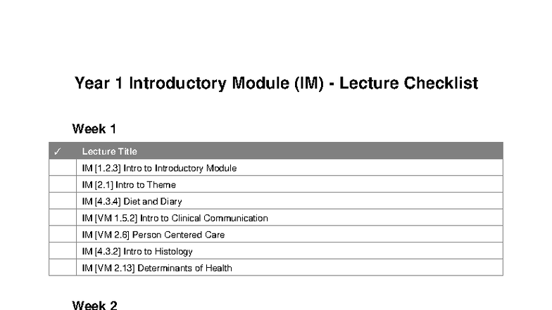 Year 1 IM Lecture Checklist - Year 1 Introductory Module (IM) - Lecture ...