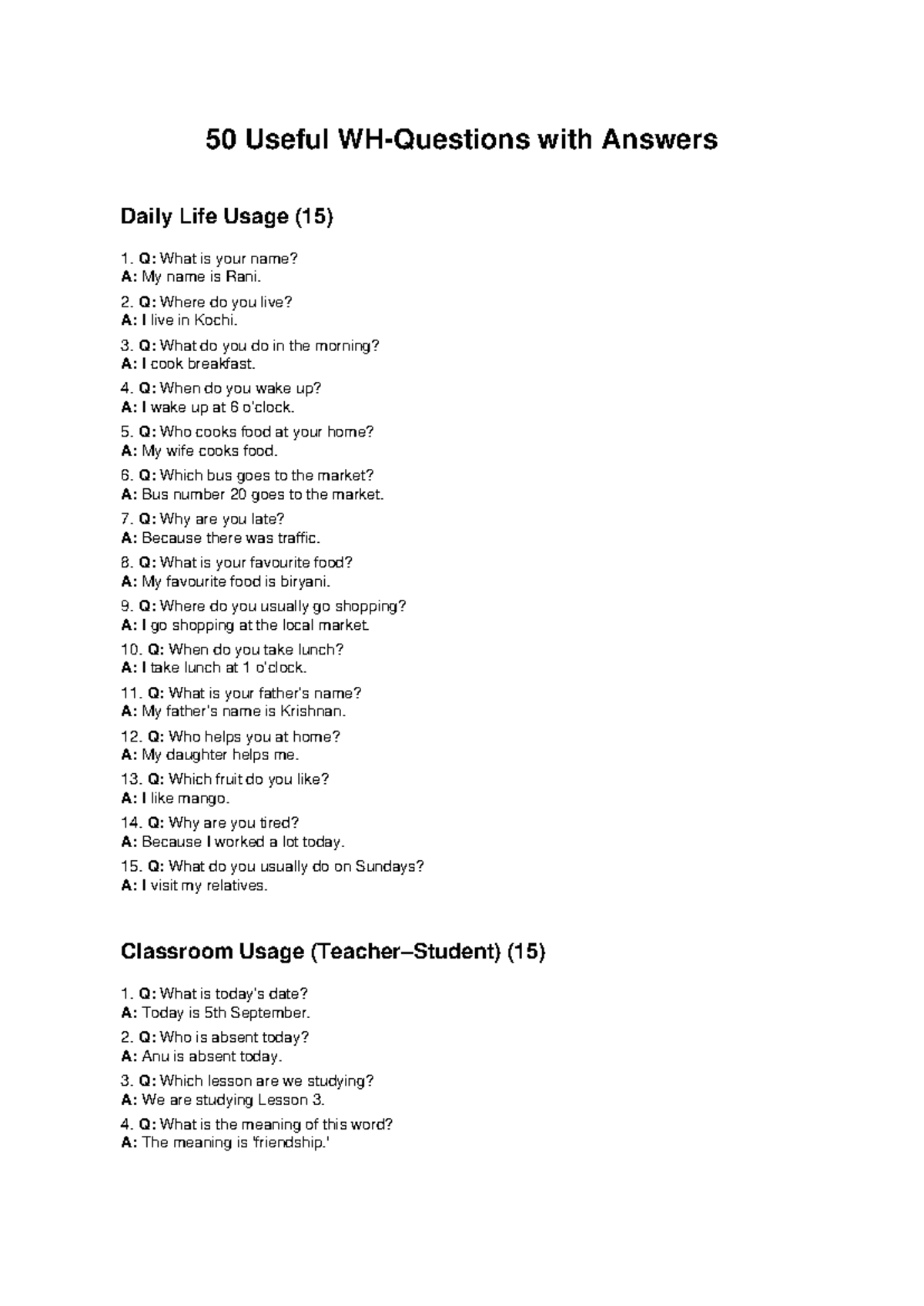WH Questions for Daily Life Usage (15) - Studocu