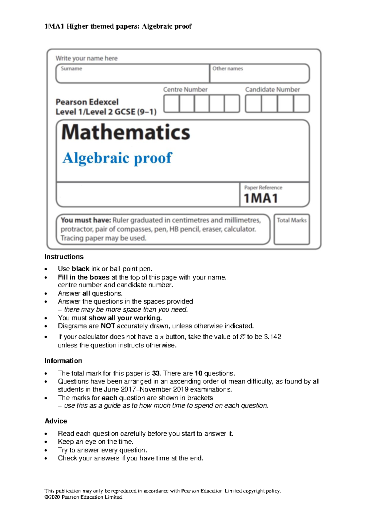 1MA1 Higher Algebraic Proof Exam Paper - Studocu