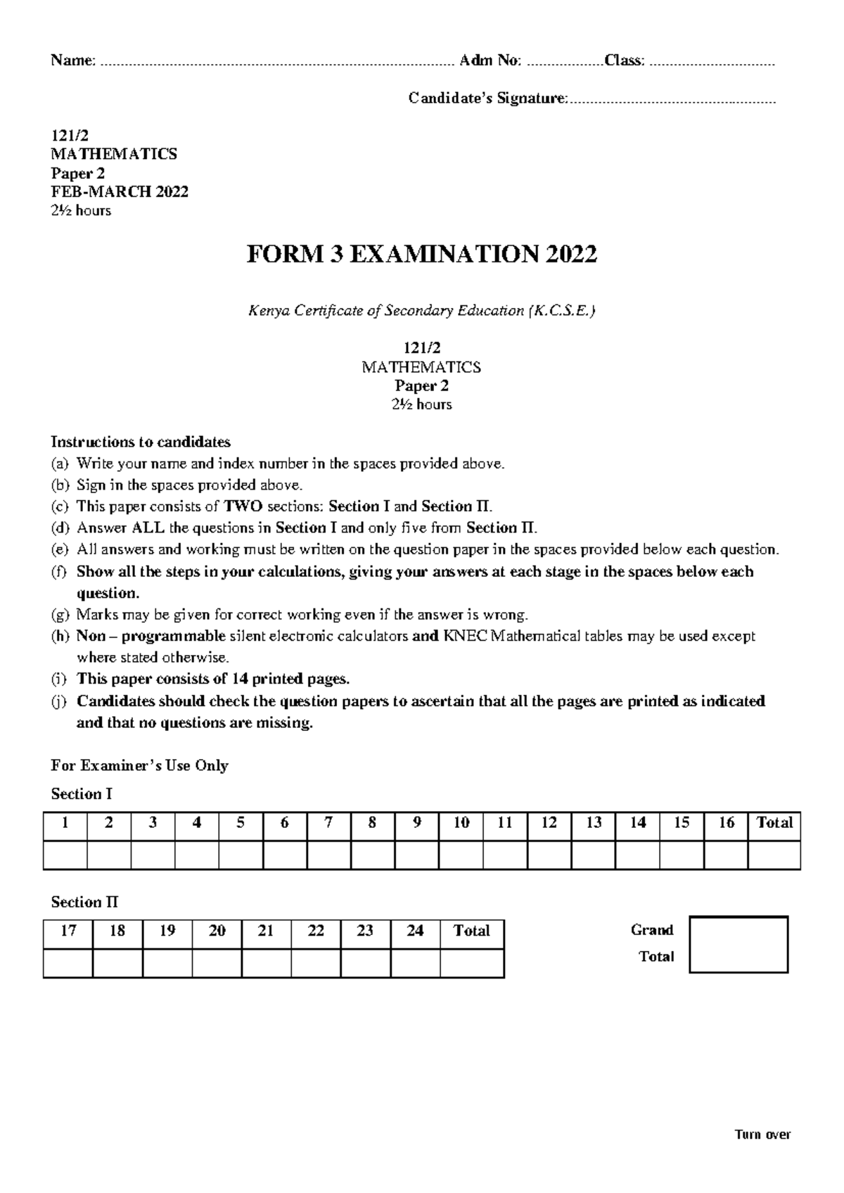 K.C.S.E. Mathematics Paper 2 Exam 2022 - Form 3 Questions - Studocu