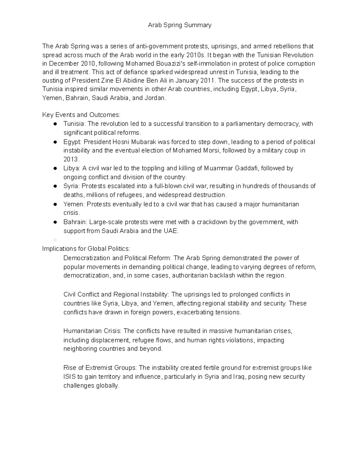 Arab Spring Overview: Key Events, Implications, and Global Impact - Studocu