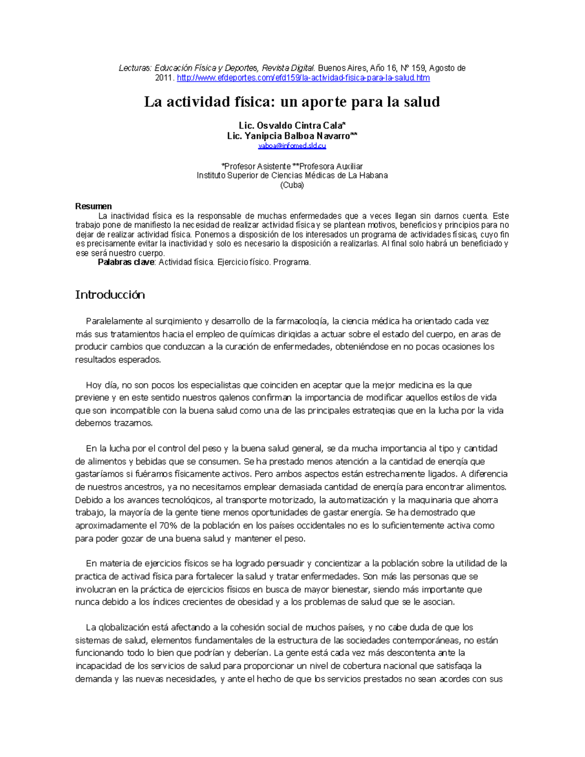Actividad Física: Un Aporte Vital para la Salud - ED.FIS. 2011 - Studocu